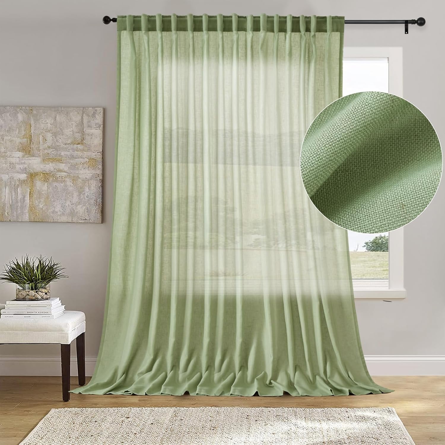 GUAJDE-Linen Blend Semi Sheer Curtains 84 inches Long, Sage Green ...