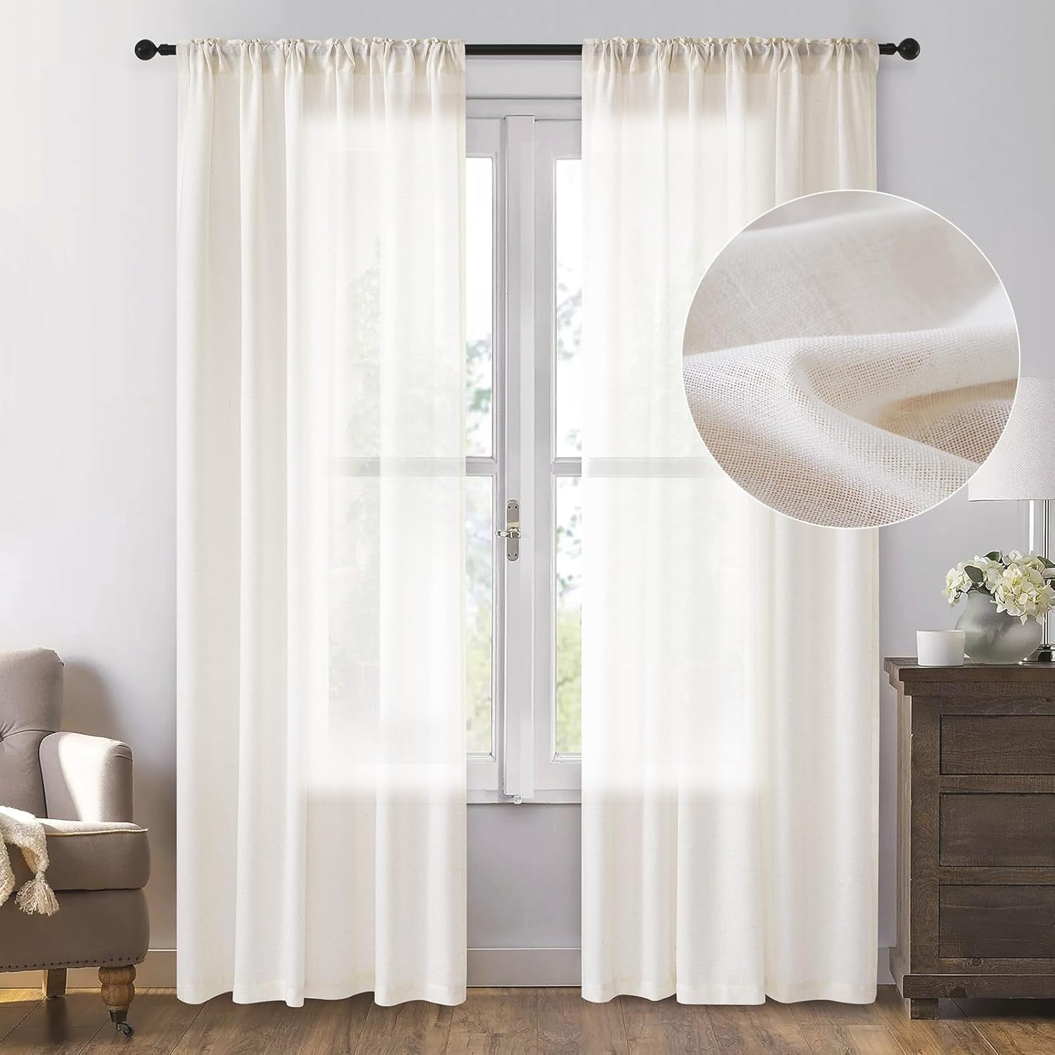GUAJDE-Natural Linen Blend Semi Sheer Curtains 72 inches Long, Light ...