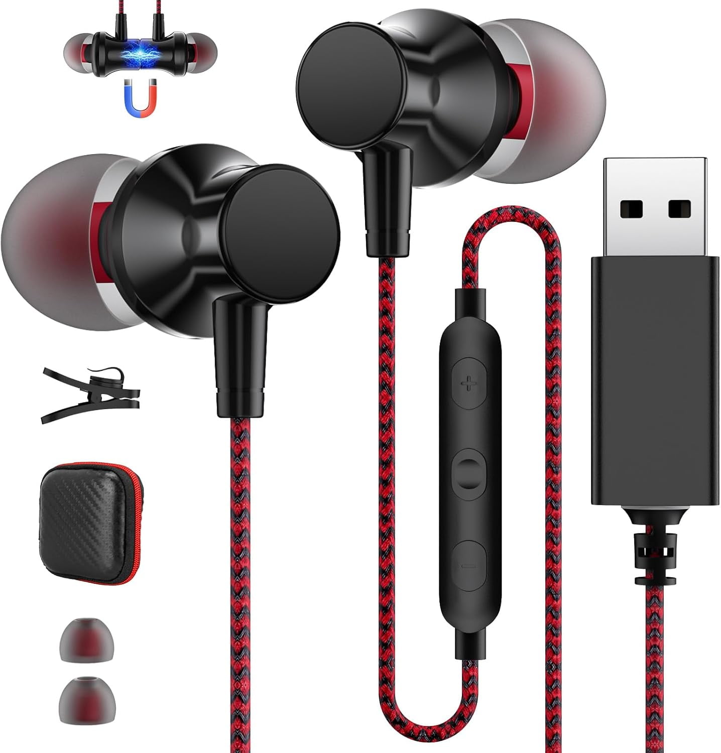 GUAJDE-USB Earbuds with Microphone for PC,3.9ft Wired in Ear USB A ...