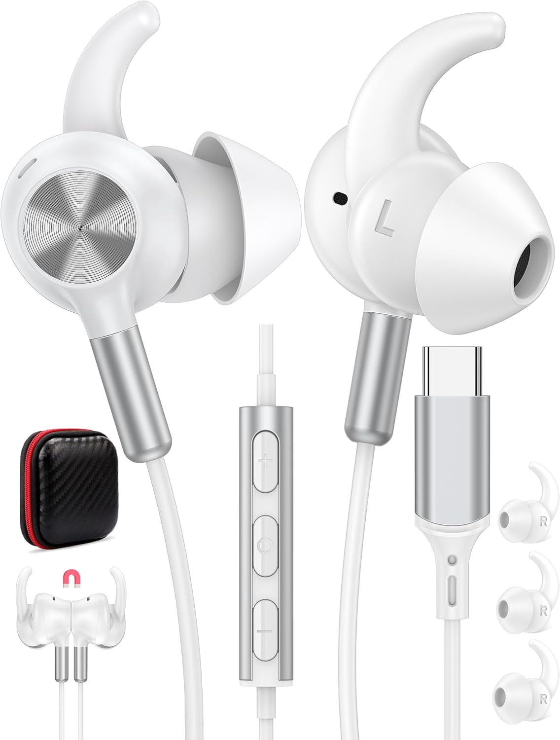 GUAJDE-USB Type C Headphone 5FT Wired Earbuds Anti-Loose Wingtip Noise ...
