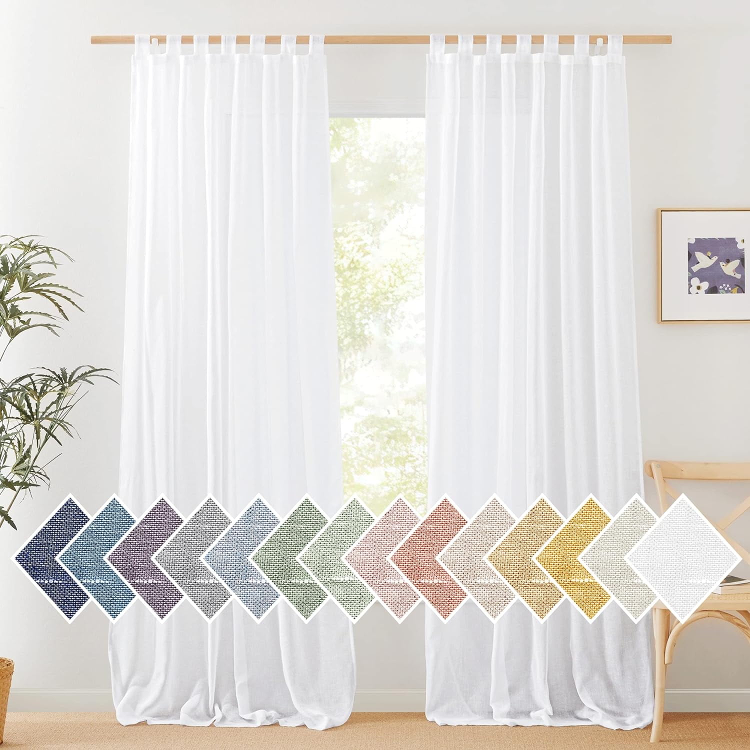 GUAJDE-White Linen Curtains 84 inch Length, Tab Top Soft Semi Sheer ...
