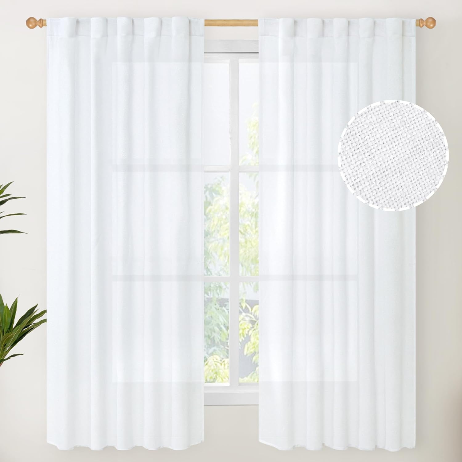 GUAJDE-White Linen Semi Sheer Curtains 63 Inch Length for Short Window ...
