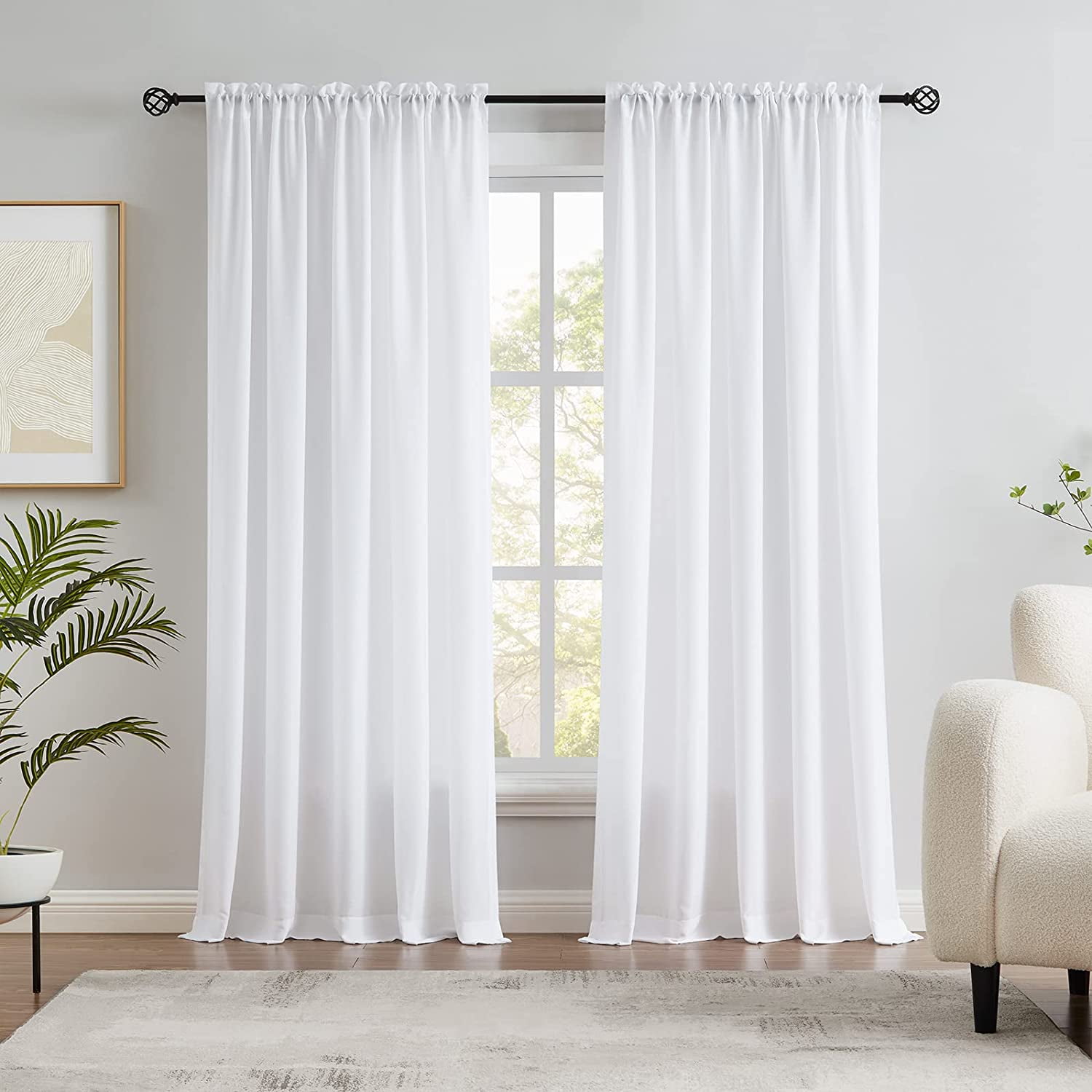 GUAJDE-White Velvety Semi Sheer Curtains 96 Inches Long for Bedroom ...
