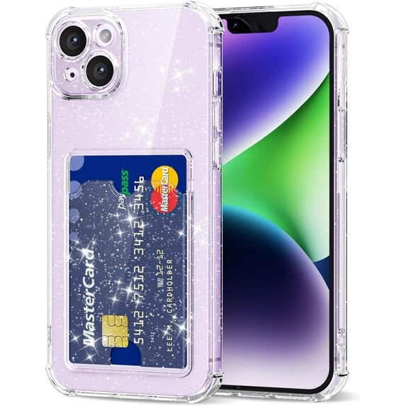 GUAJDE-for iPhone 14 Wallet Case with Card Holder, Clear Glitter Cute ...