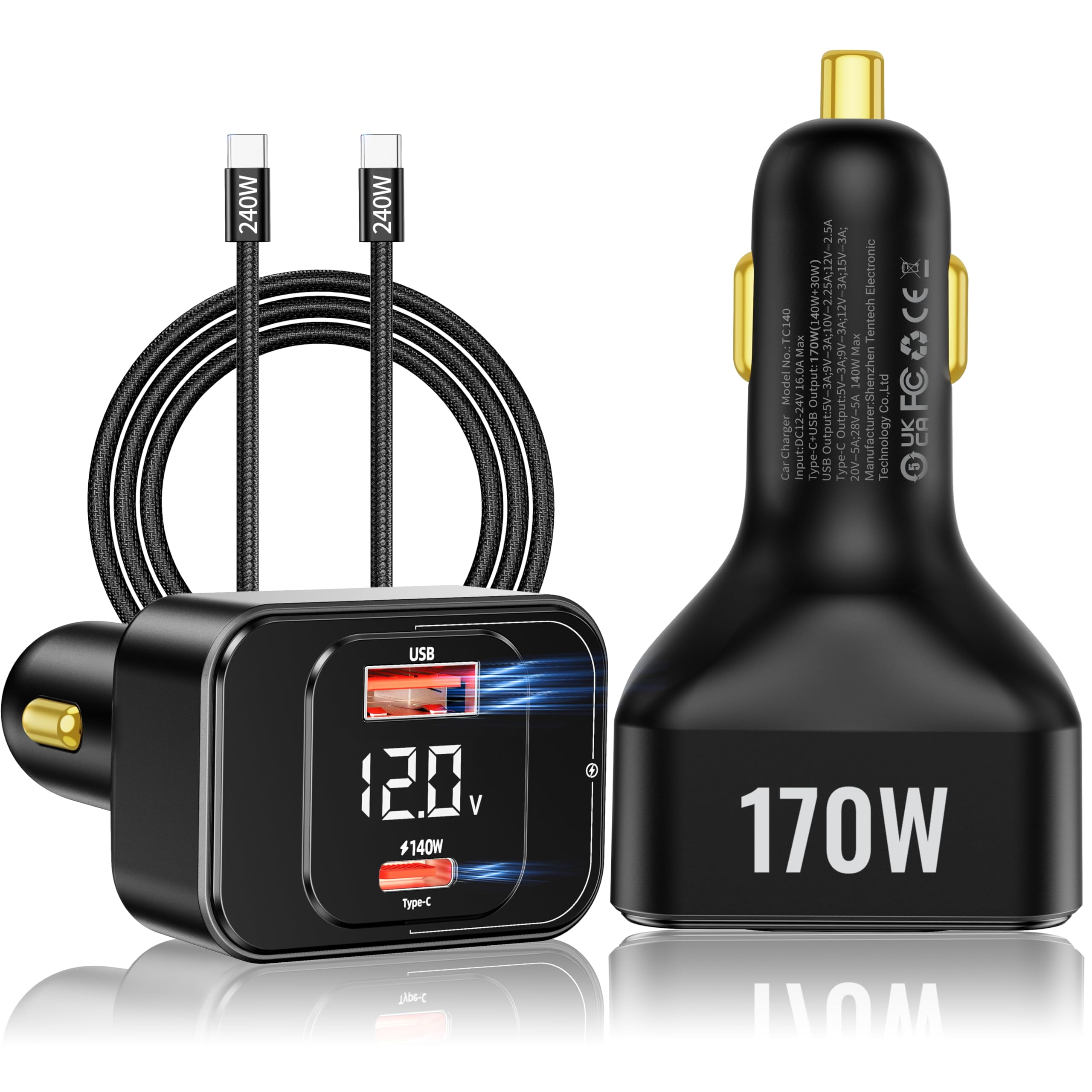 GUANGHUI 170W PD3.1 Car Charger with LED Voltage Display, USB-C Cigarette Lighter Adapter Fast ...