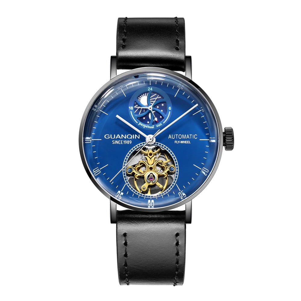 GUANQIN Men Analog Automatic Self Winding Mechanical Skeleton Stainless ...