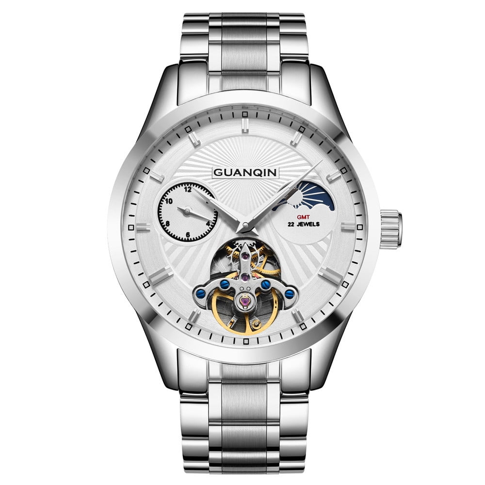 GUANQIN Men Moon Phase Skeleton GMT Luminous Analog Automatic Self ...