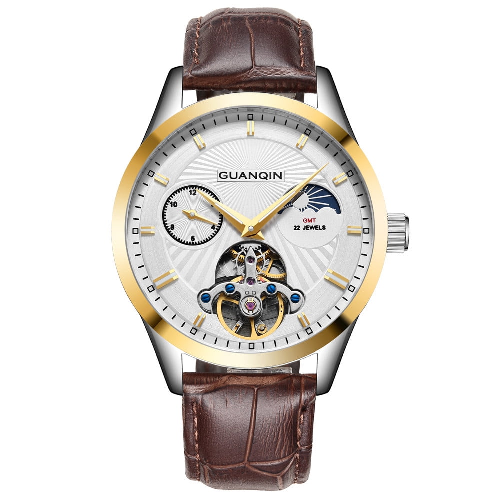 GUANQIN Men Moon Phase Skeleton GMT Luminous Analog Automatic Self ...
