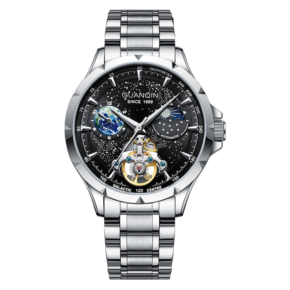GUANQIN Men Skeleton Automatic Self-Winding Mechanical Luminous Moon ...