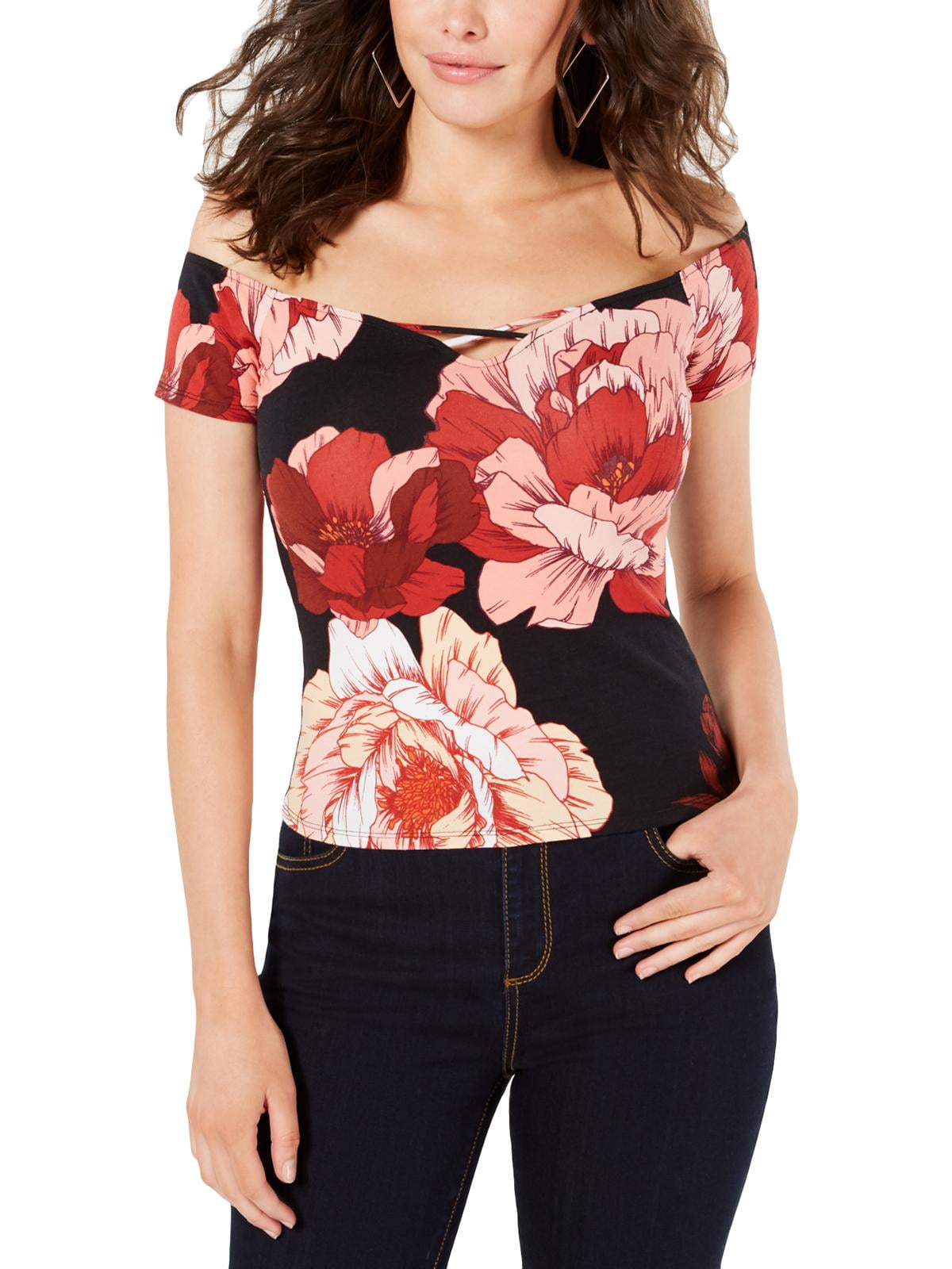 GUESS Womens Orange Floral Cap Sleeve Off Shoulder Top Size L - Walmart.com