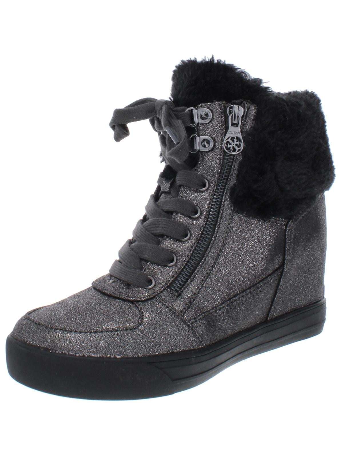 GUESS Womens Silver Metallic Lace Up Faux Fur Lining Logo Cushioned ...
