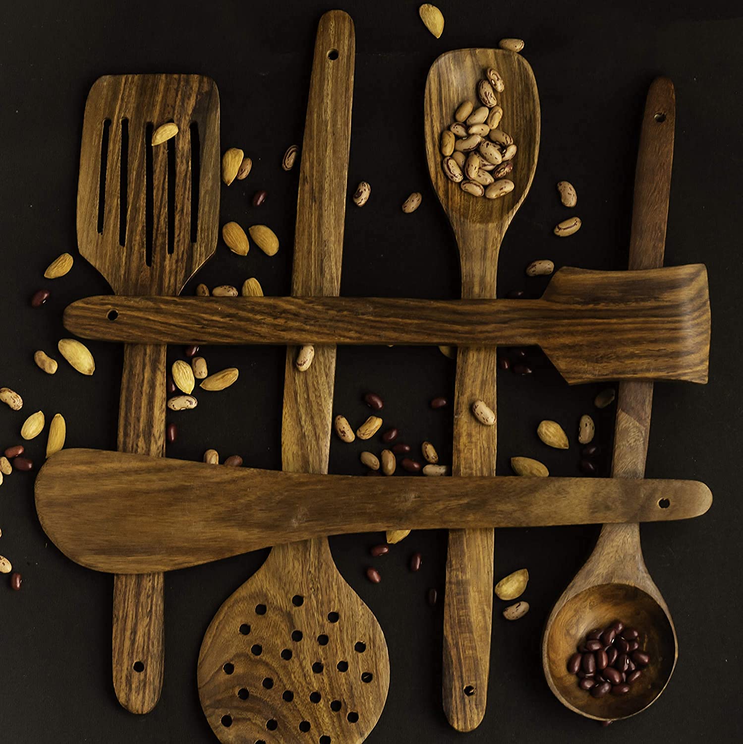 GUG Wooden Kitchen Utensils Set 6 PCs Natural Acacia Wooden Cooking ...