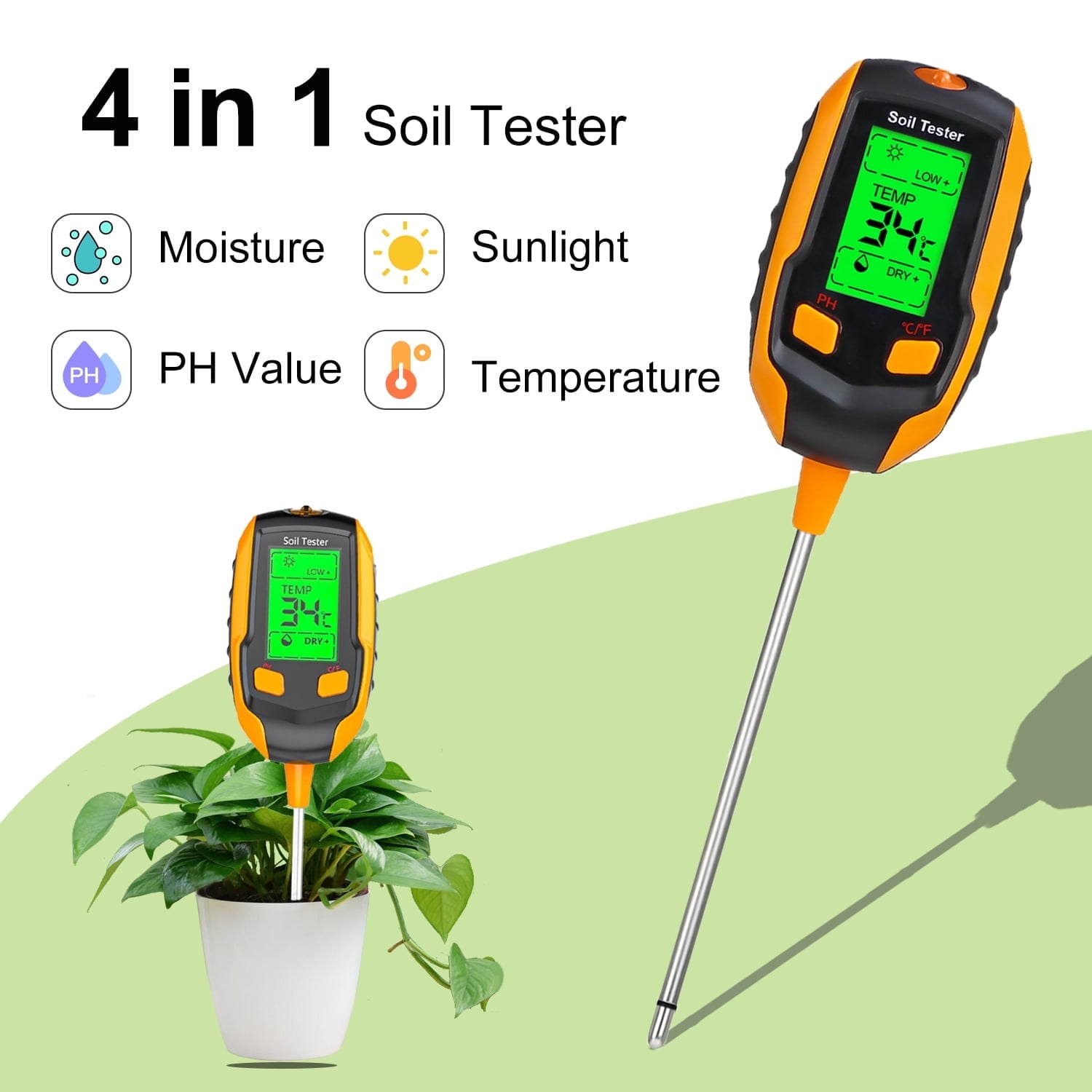 GUGOBOX 4-in-1 Digital Soil Meter, Temperature/Moisture/pH/Sunlight ...
