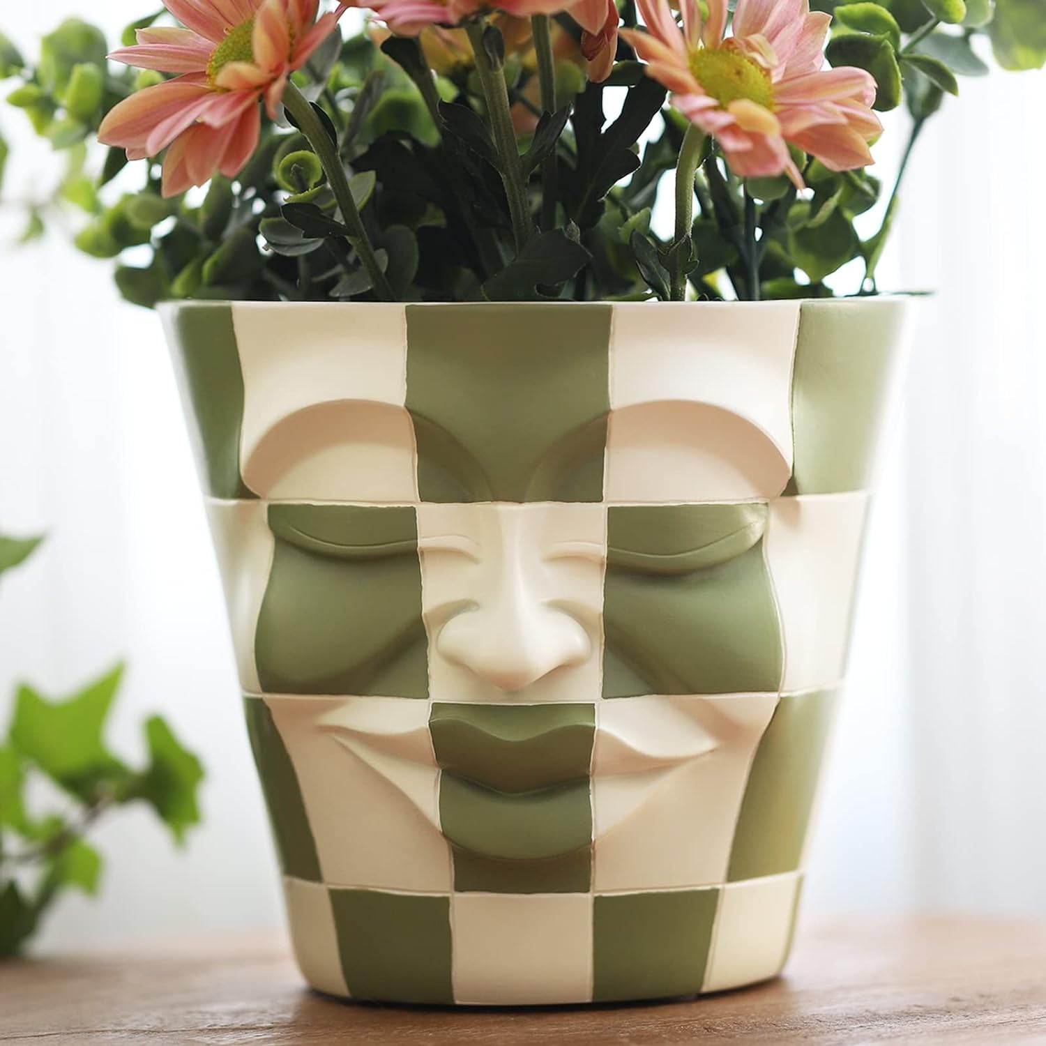 GUGUGO Checkered Face Planters Pots Head, Unique Plant Pots, Eclectic Head Planter for Indoor ...