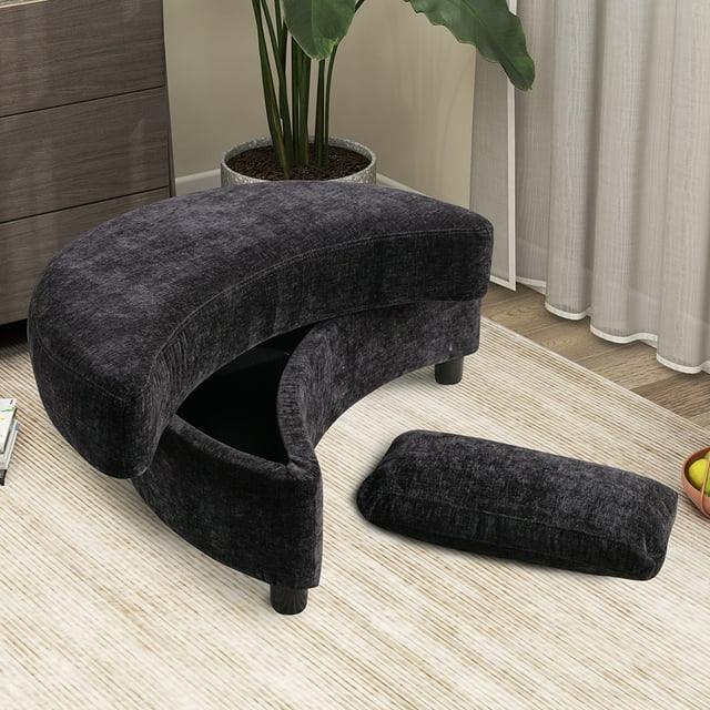 GUHOME 32.7" W Half Crescent Moon Storage Ottoman, Chenille Upholstered ...
