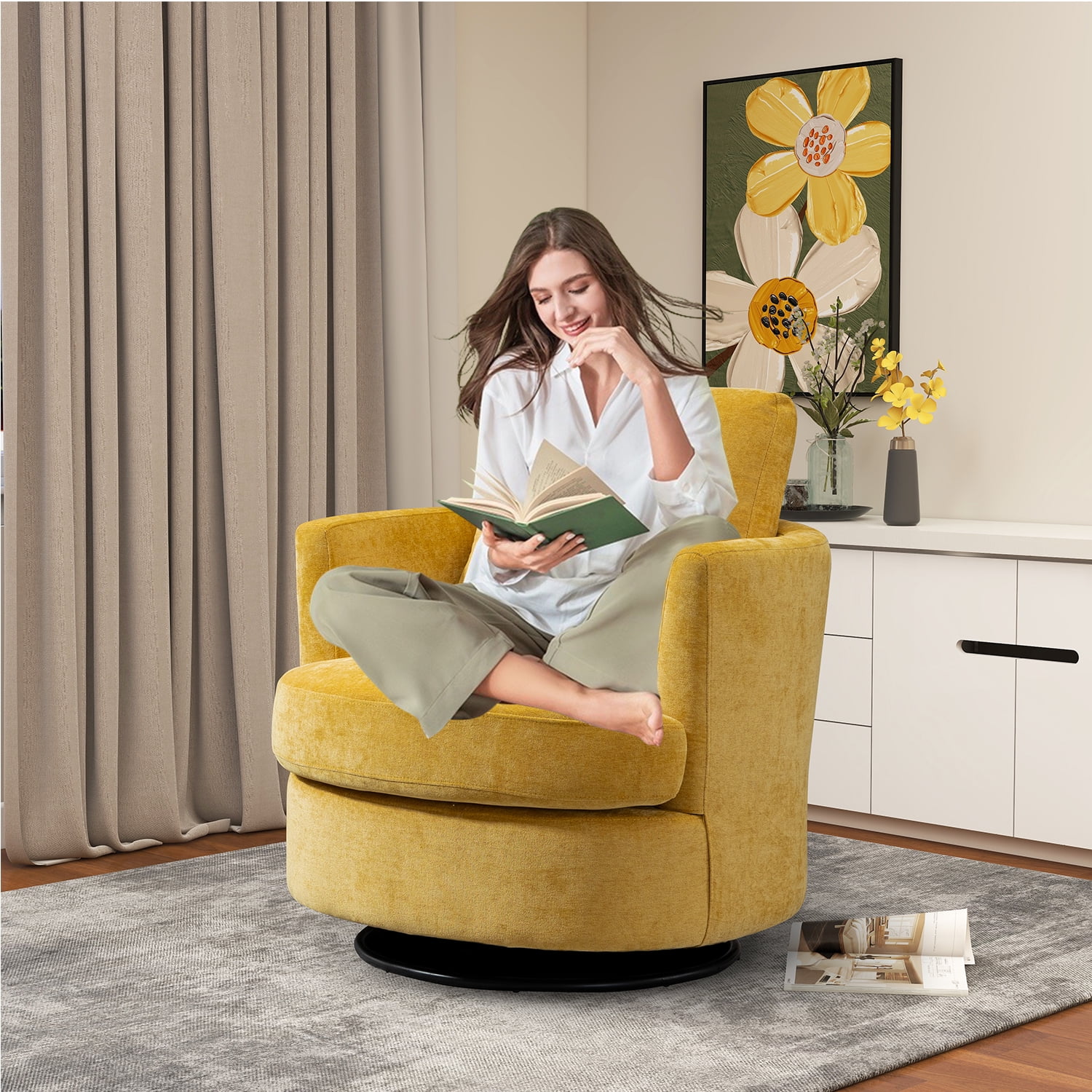 GUHOME 32" W Swivel Accent Chairs Living Room Modern Comfy Round Arm ...