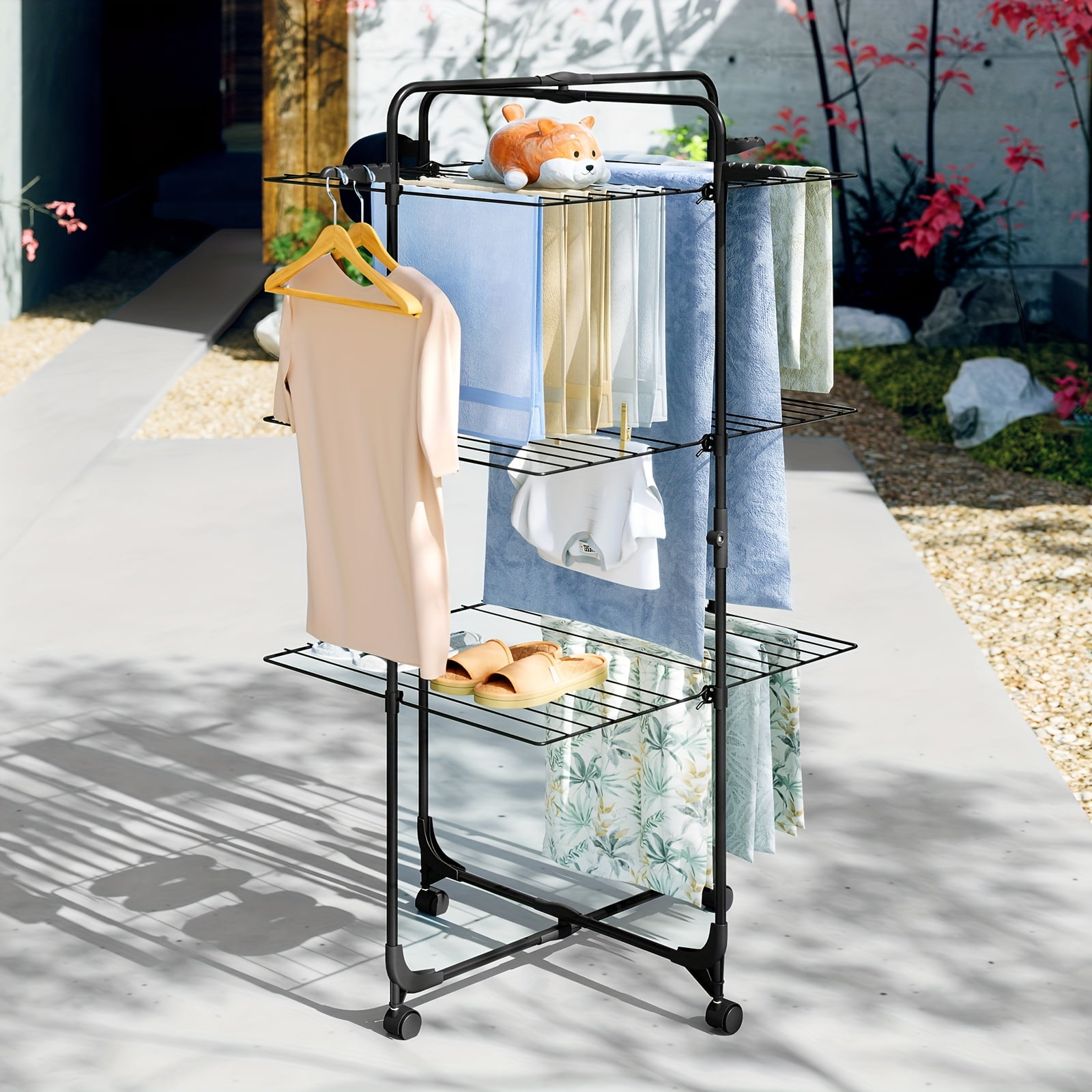 GUILIN 3-Tier Foldable Clothes Drying Rack with Wheels & Hooks - Space ...