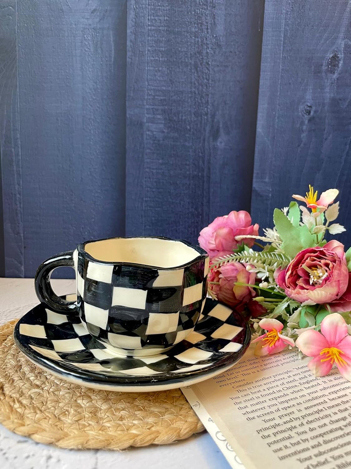 GULCASA Luxury Tableware Black Check Collection Coffee Tea Stoneware ...