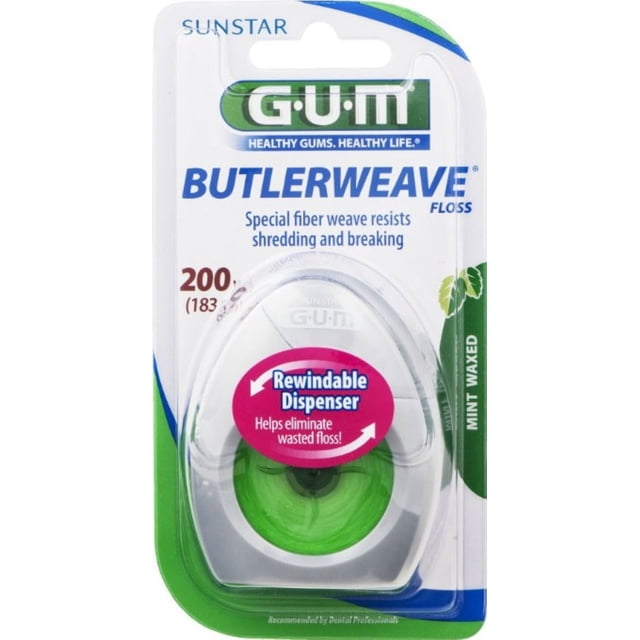 GUM Butlerweave Mint Waxed Dental Floss, 200yd, Resists Shredding and ...