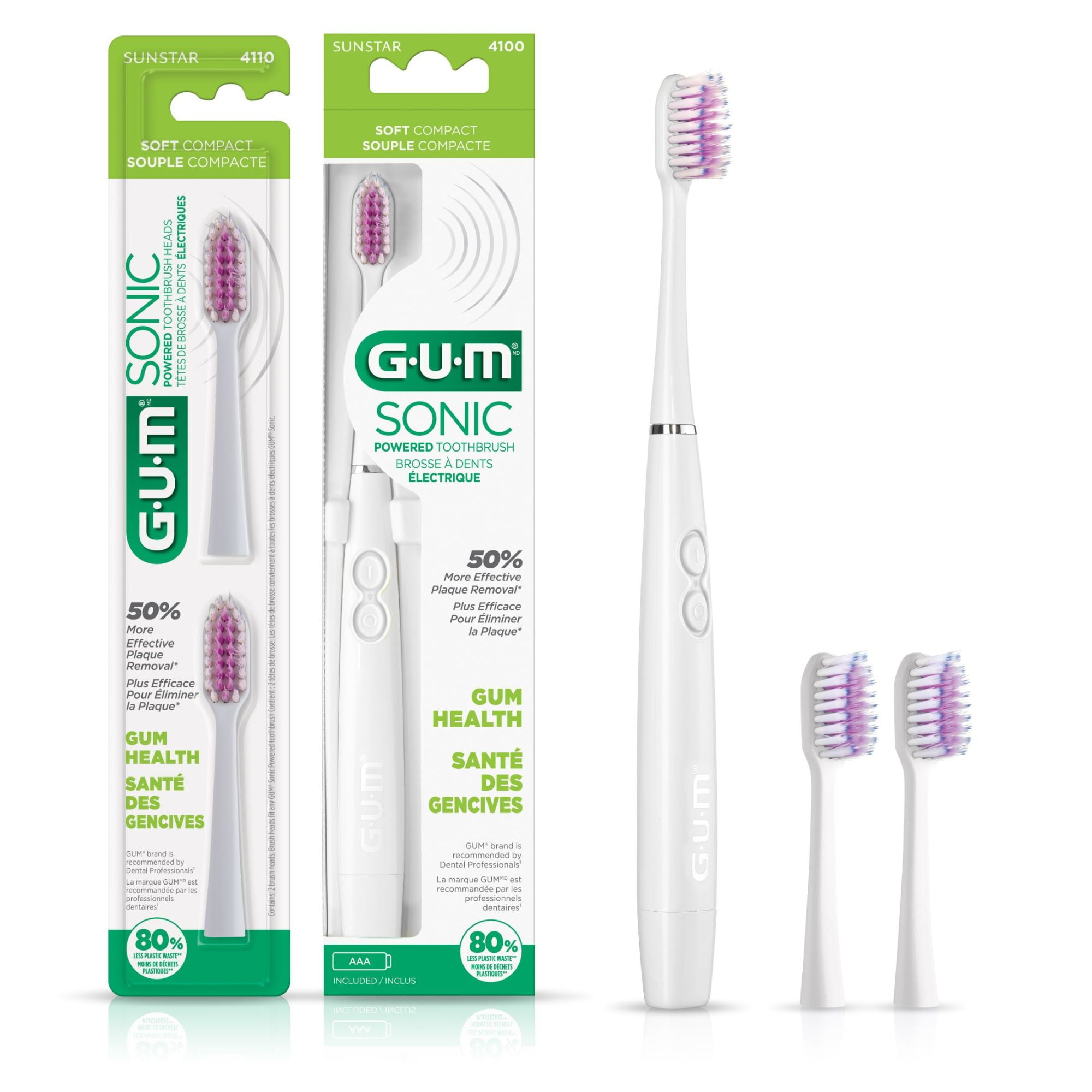 GUM Sonic Powered Toothbrush Bundle White with 1 Handle and 2 Refills ...