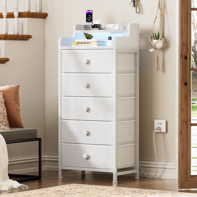 GUNAITO White Dressers for Bedroom 5 Drawer Dresser LED Chest of ...