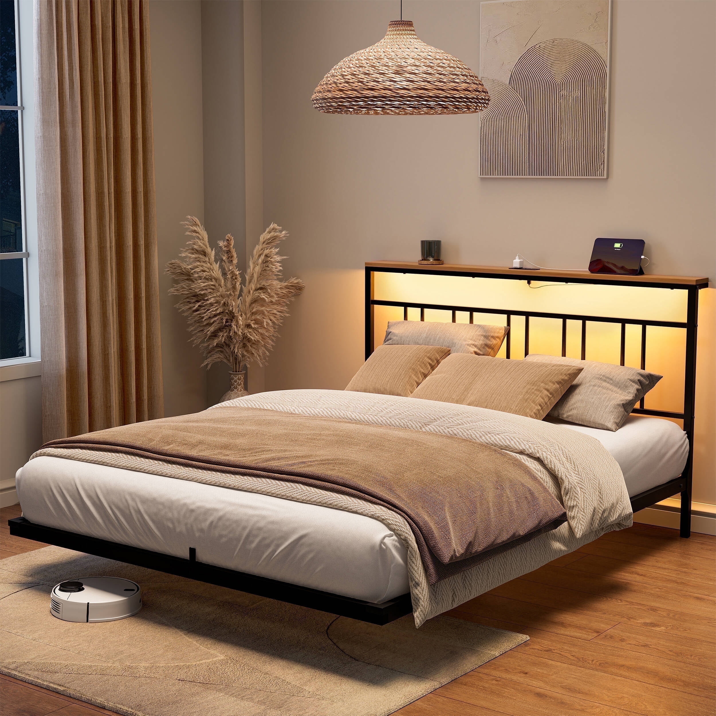 GUNAITO Queen Size Floating Bed Frame Metal Platform Bed with LED ...