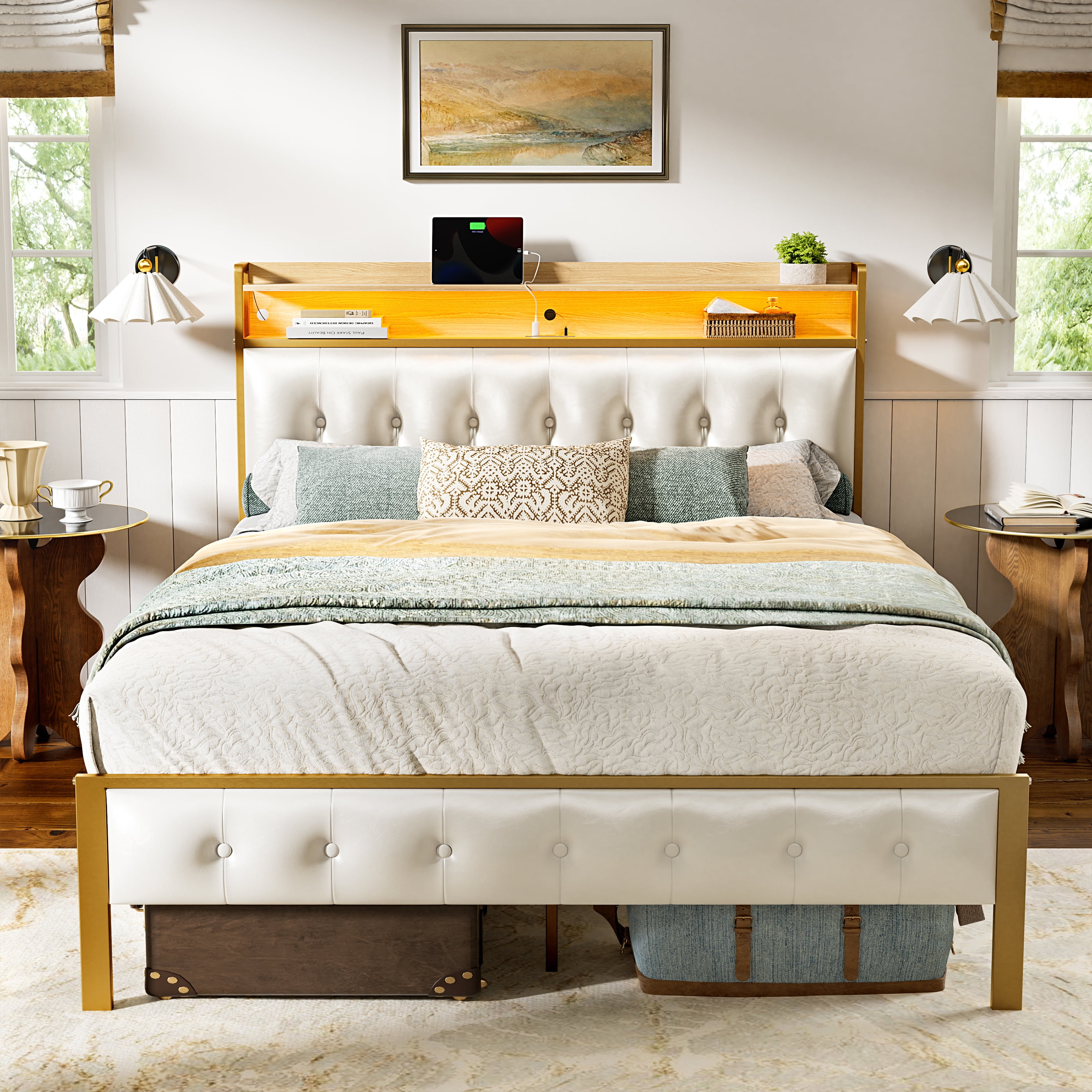 GUNAITO Full Size Bed Frame with PU Leather Storage Headboard ...