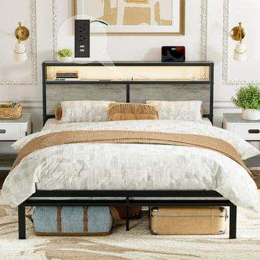 Contemporary Queen Size Walnut Wood Bed Frame With Shelves & Storage ...