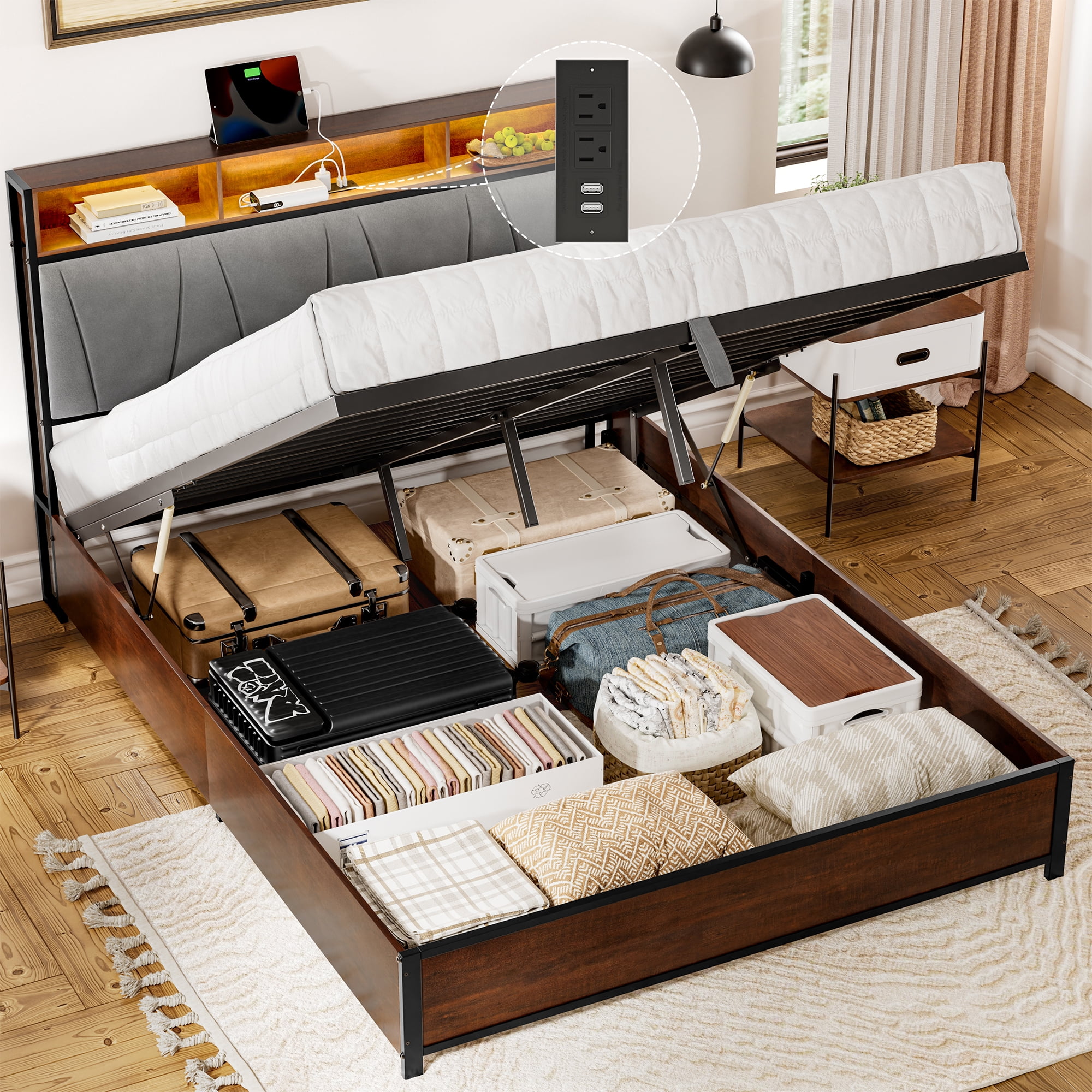 GUNAITO Full Size Lift Up Bed Frame Storage Platform Bed with Wingback ...