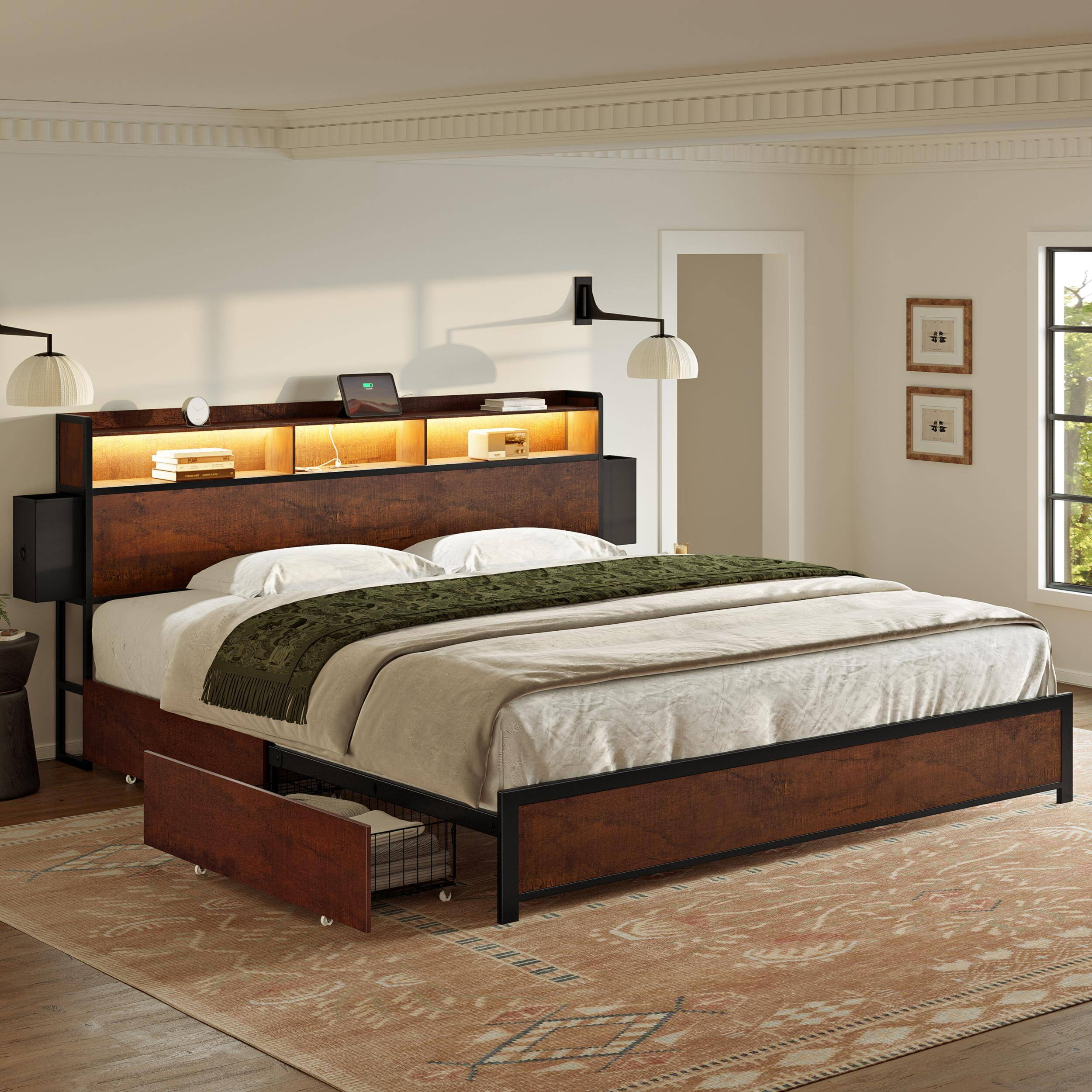 GUNAITO King Bed Frame with Storage Headboard, 2 Drawers Platform LED ...
