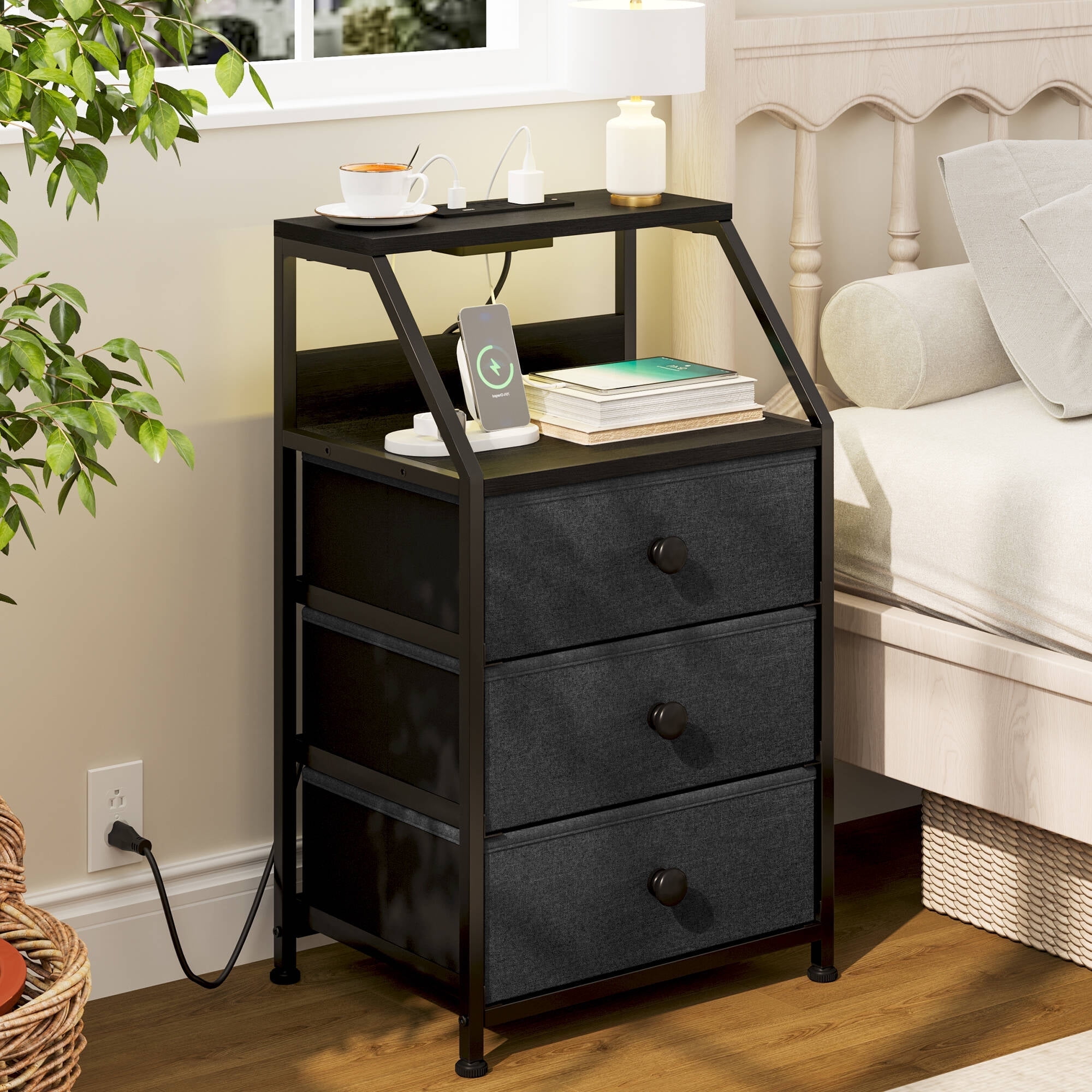 GUNAITO Led Nightstand with Charging Station Side Table with 3 Drawers ...