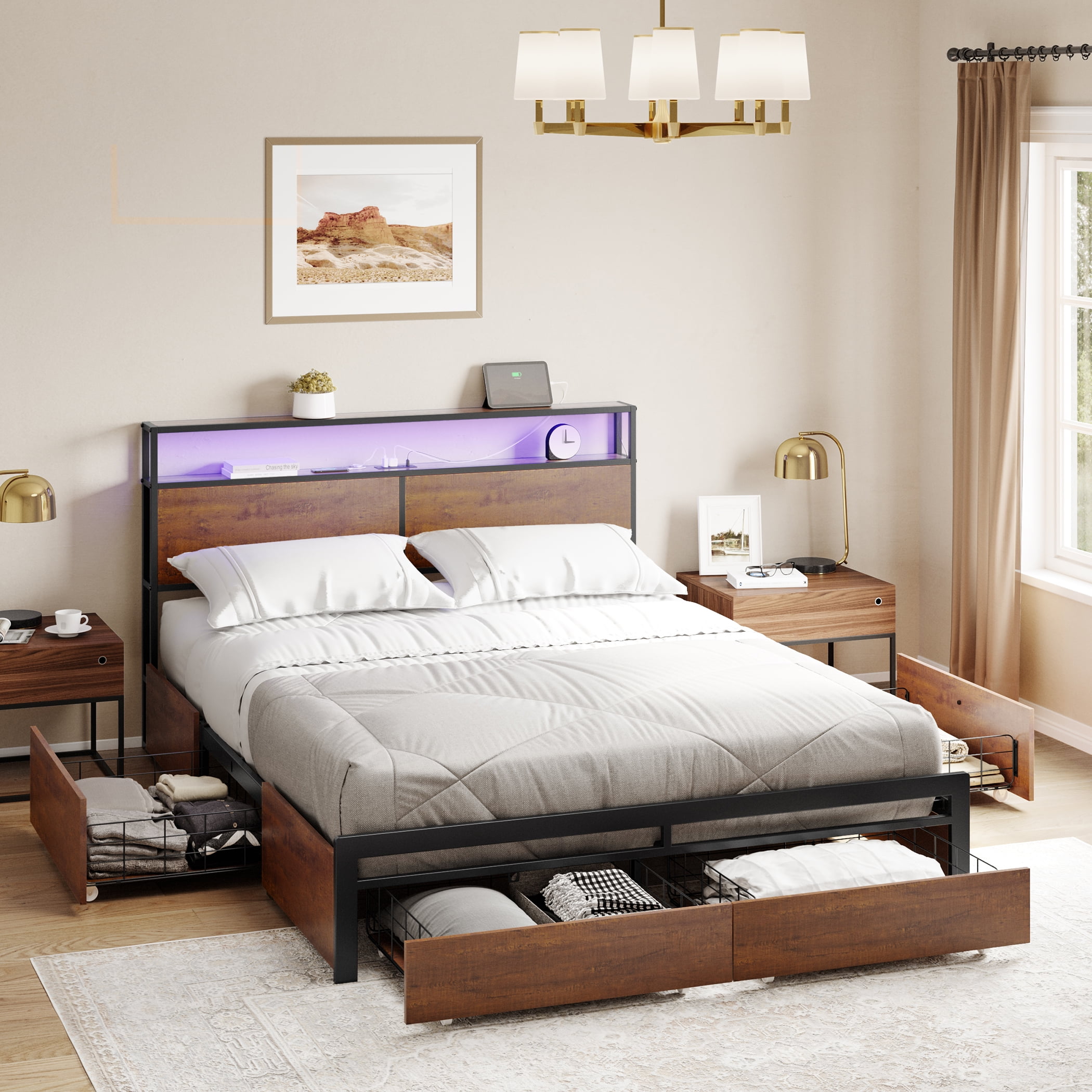 GUNAITO Queen Size Bed Frame with Headboard and 4 Storage Drawers LED ...