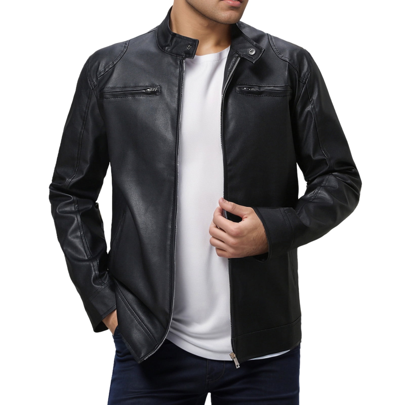 GUOBIOZIY Men's Leather Jacket Vintage with Stand Collar for Motorcycle ...