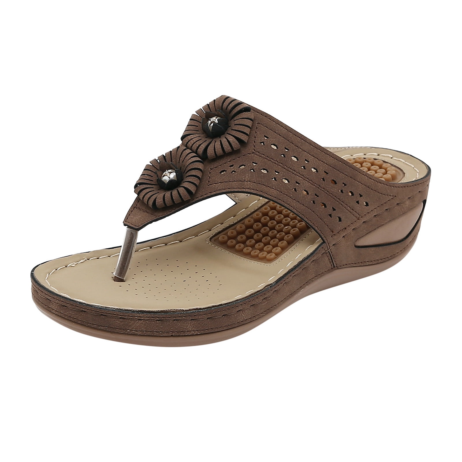 GUOBIOZIY Sandals for Women Comfy Wedge Womens Flip Flops Arch Support Slides Floral Stud Thong ...
