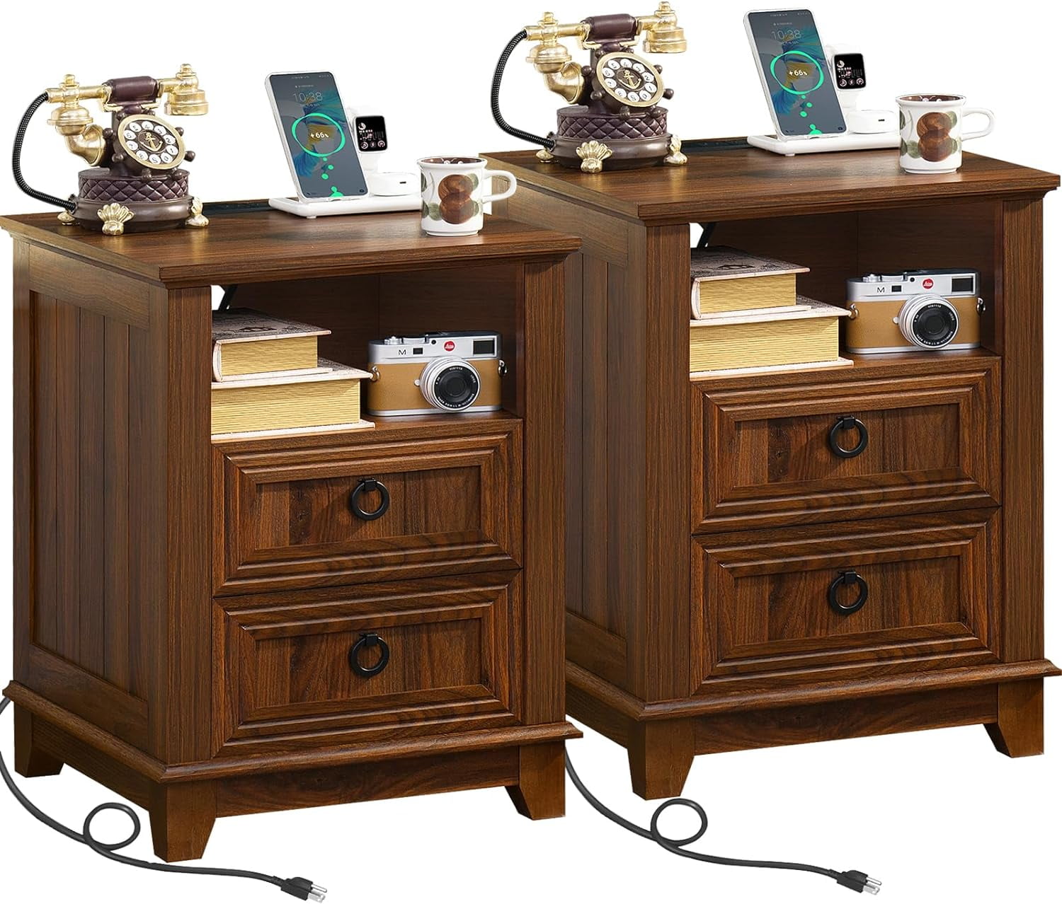 GUOBOUNP Farmhouse Night Stand Set of 2 18" End Table with 3 Drawer ...