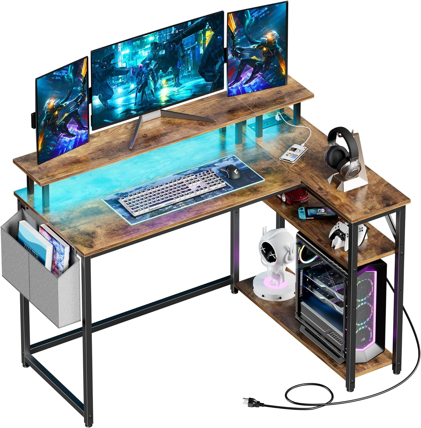 GUOBOUNP L Shaped Desk with Power Outlets & LED Lights Computer Desk ...