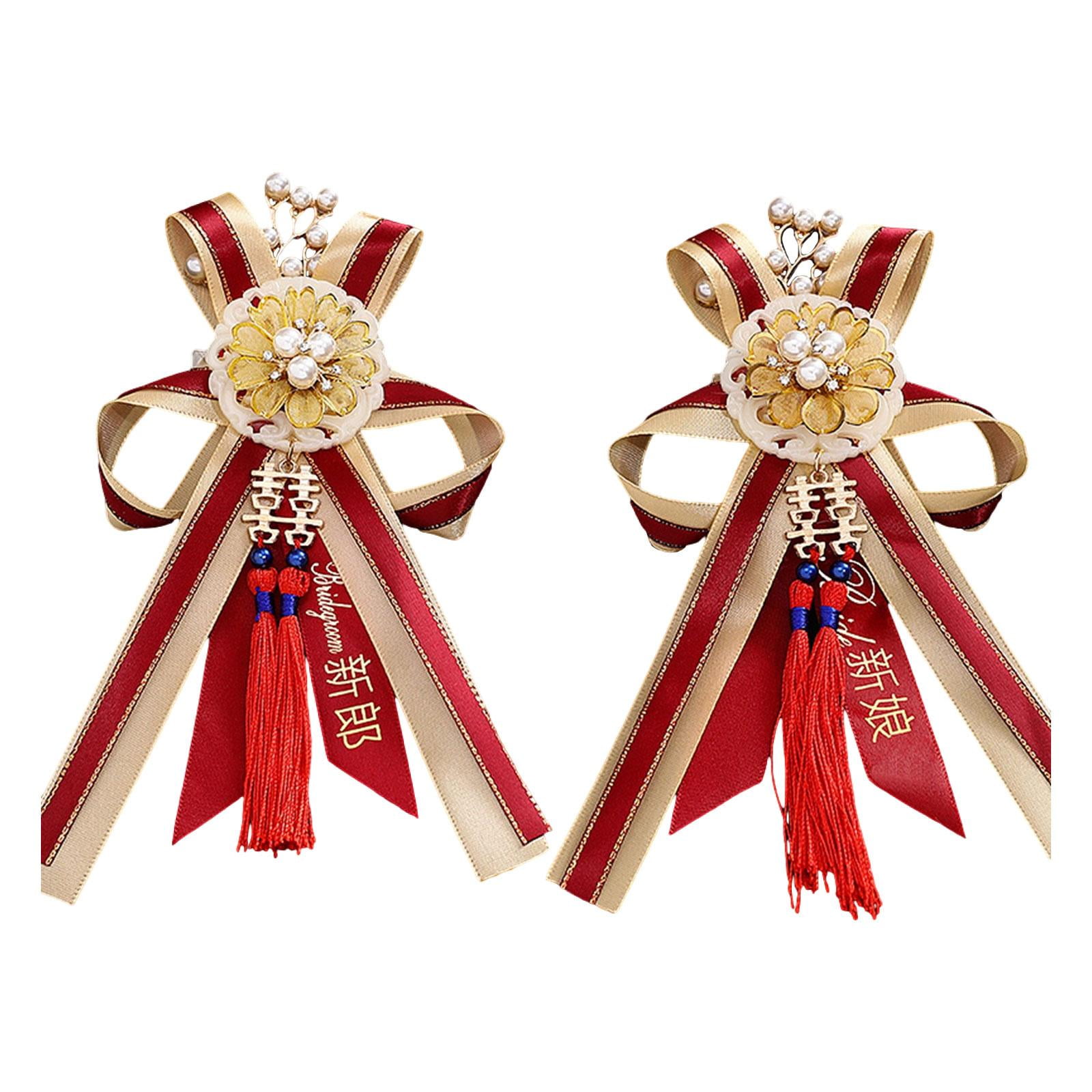 GUOOL 2Pcs Bride Bridegroom Wedding Boutonniere Chinese Corsage Ribbon ...