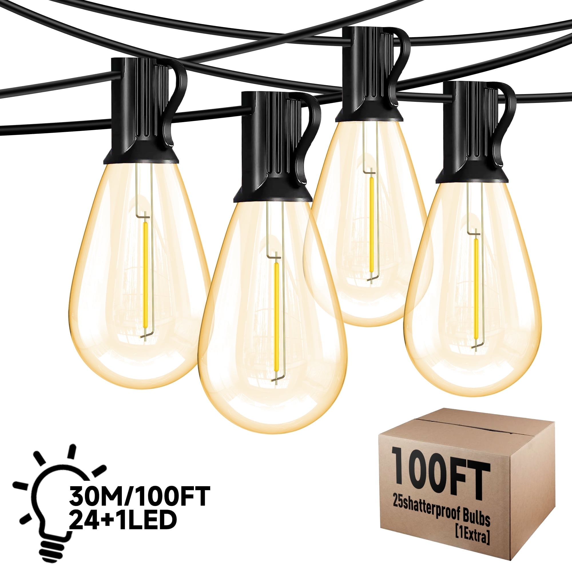 GUPUP Outdoor String Lights,100FT Waterproof and Shatterproof Patio Lights with 24+1 S14 Edison ...