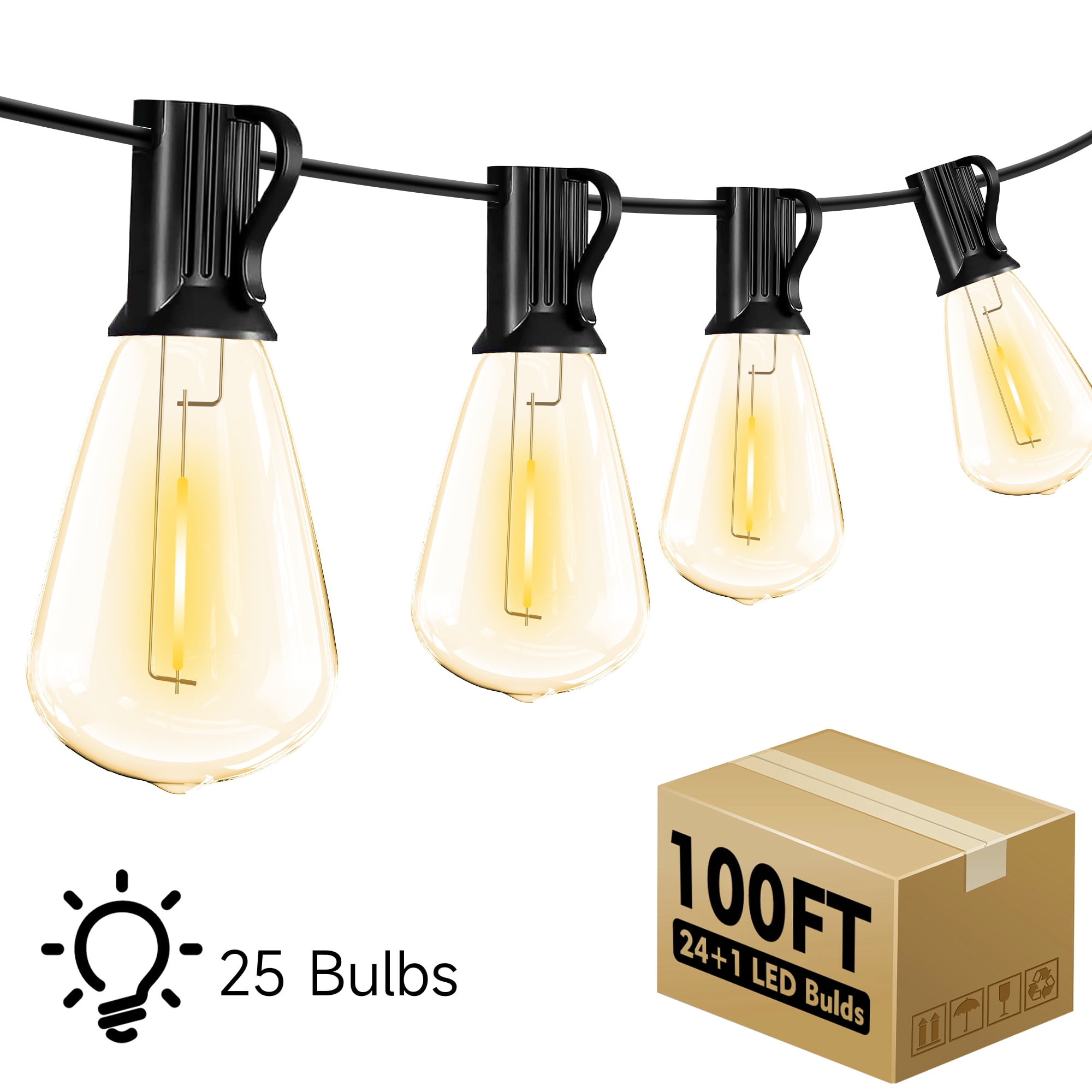 GUPUP 100ft Outdoor String Lights, Waterproof and Shatterproof Patio Light with 24+1 ST38 Bulbs ...