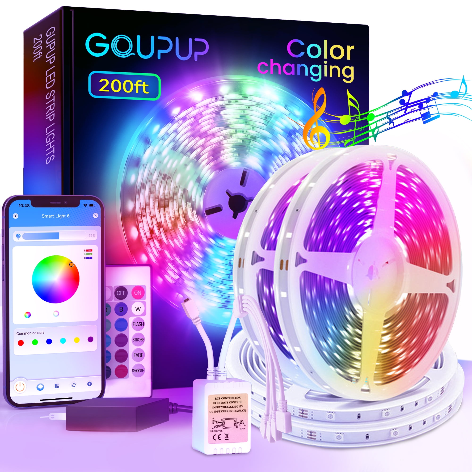 GUPUP 200ft LED Strip Lights with Music Sync, 24 Key Remote & APP ...