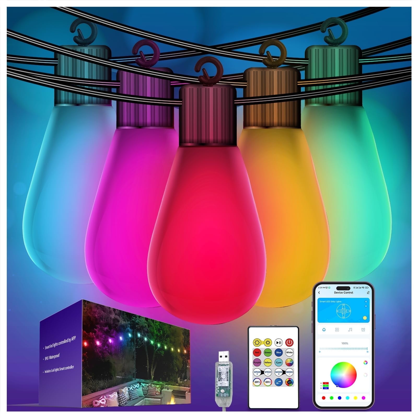 GUPUP Smart Outdoor String Lights, 25FT Waterproof RGBIC LED Patio ...