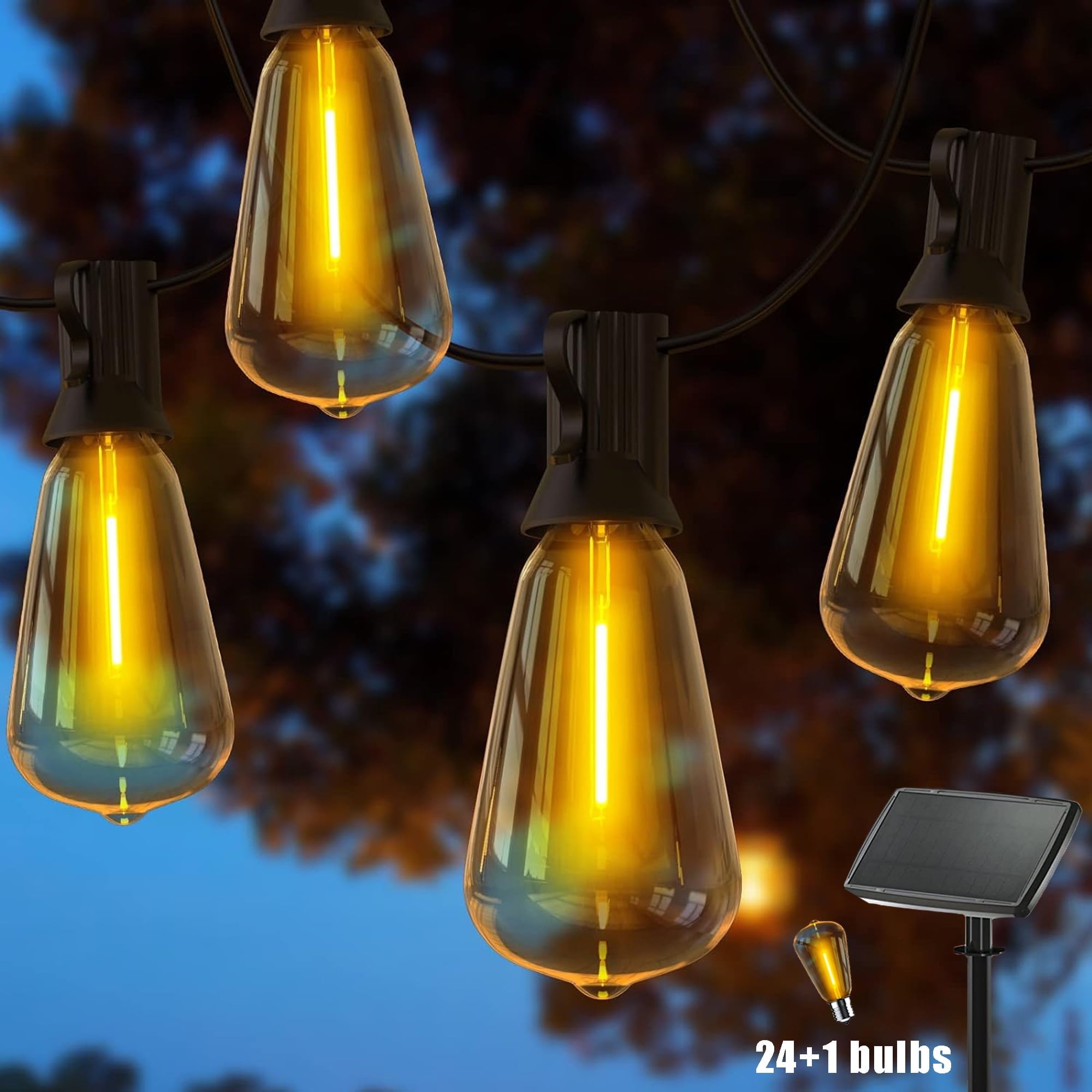 GUPUP Solar Outdoor String Lights,100ft Waterproof Shatterproof Patio Light with 24+1 ST38 Bulbs ...