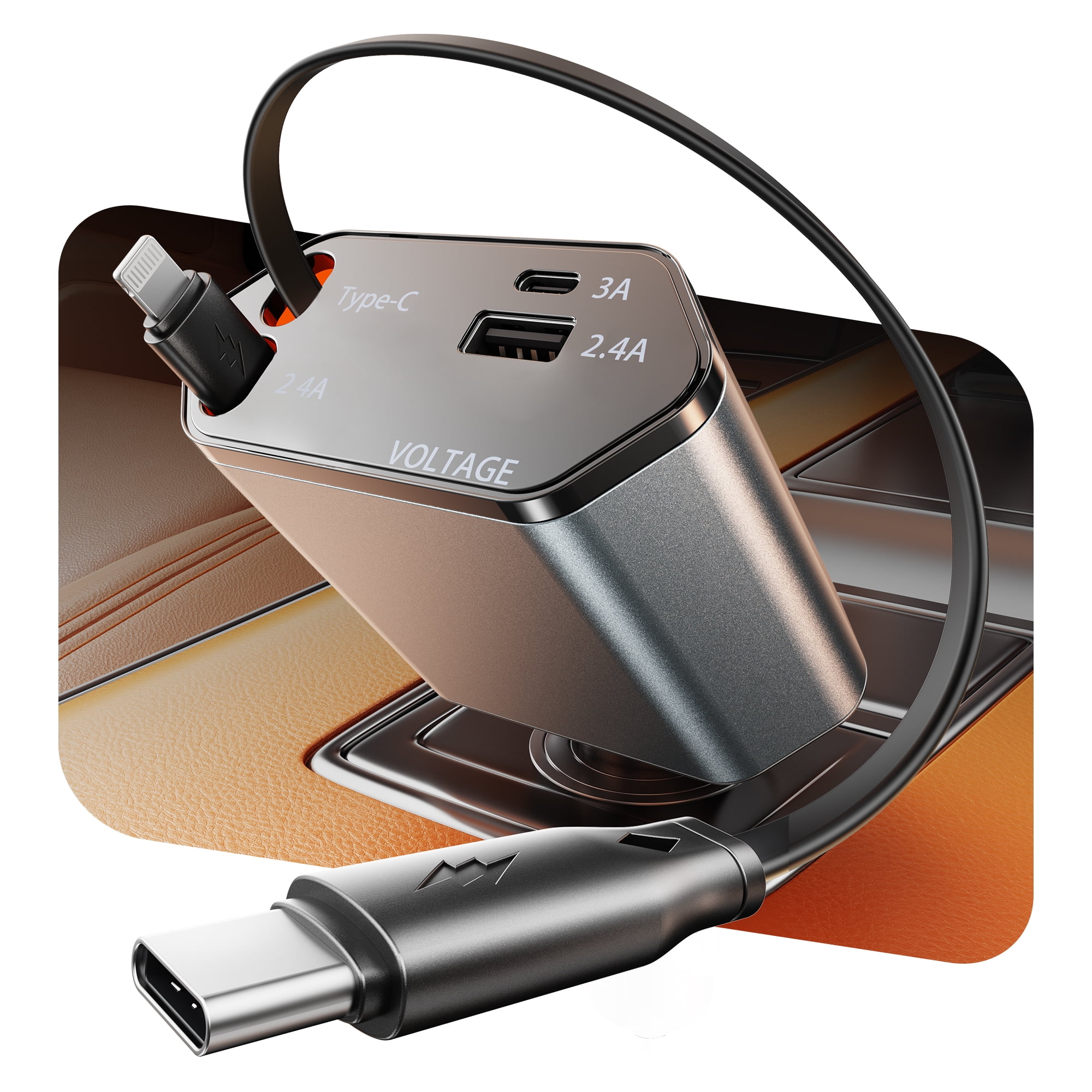 GUSGU 100W Retractable Car Charger, 4-in-1, USB-C Lightning Cable, PD30W, Universal - Walmart.com