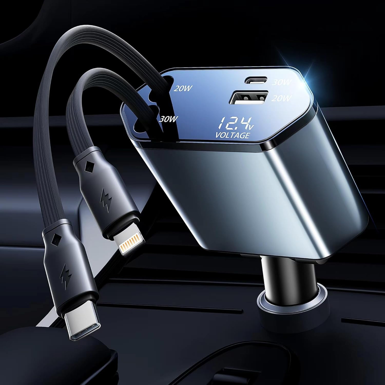 GUSGU 100W 4-in-1 Retractable Car Charger with USB C/Lightning Cable ...