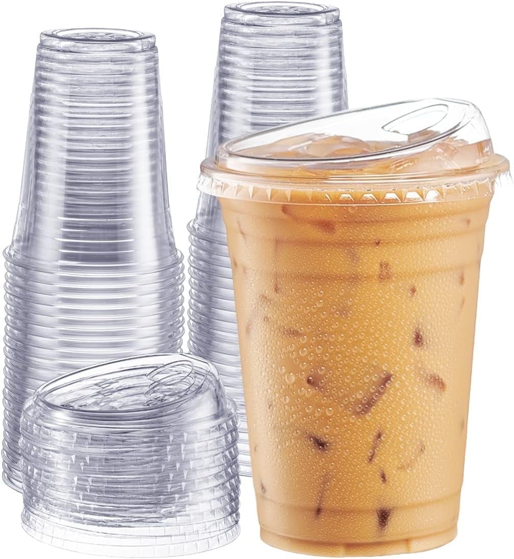 GUSTO 16 Oz Crystal Clear Plastic Cups with Strawless Sip Lids, 100 ...