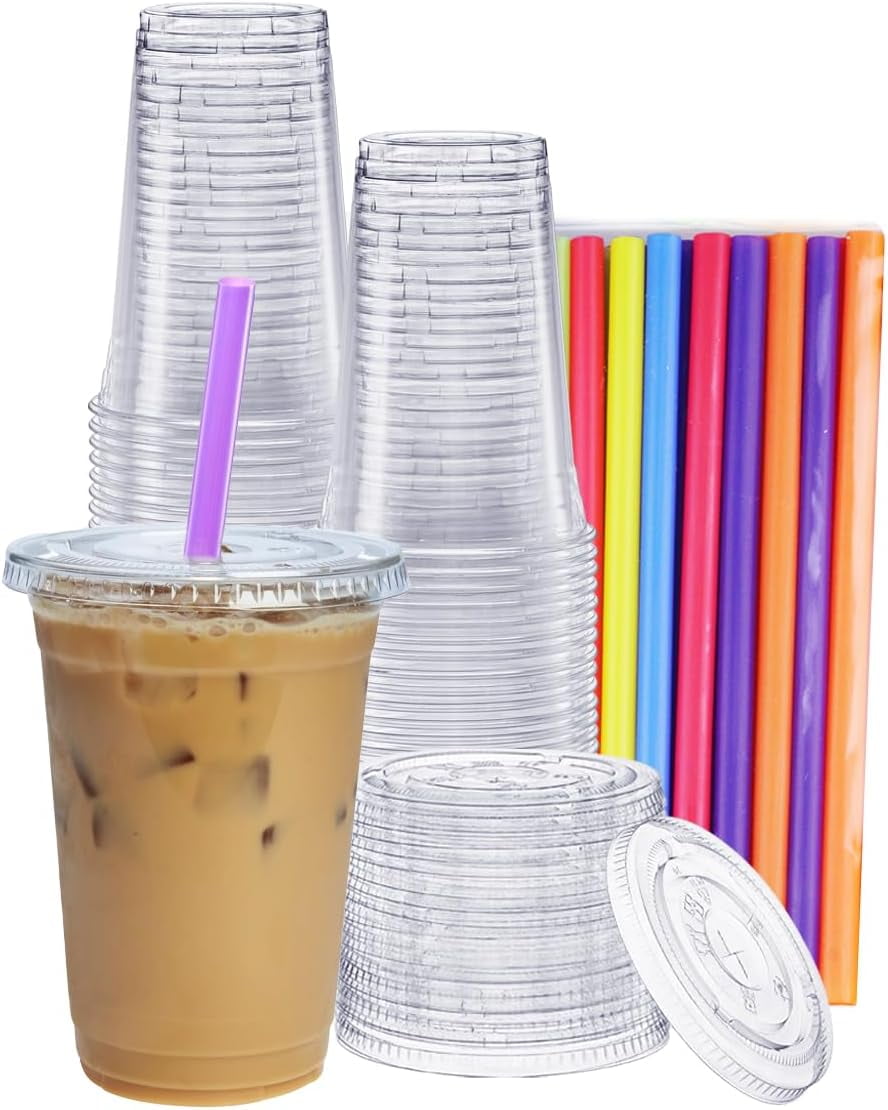 Comfy Package 20 Oz Disposable Clear Plastic Cups with Flat Lids & Boba ...