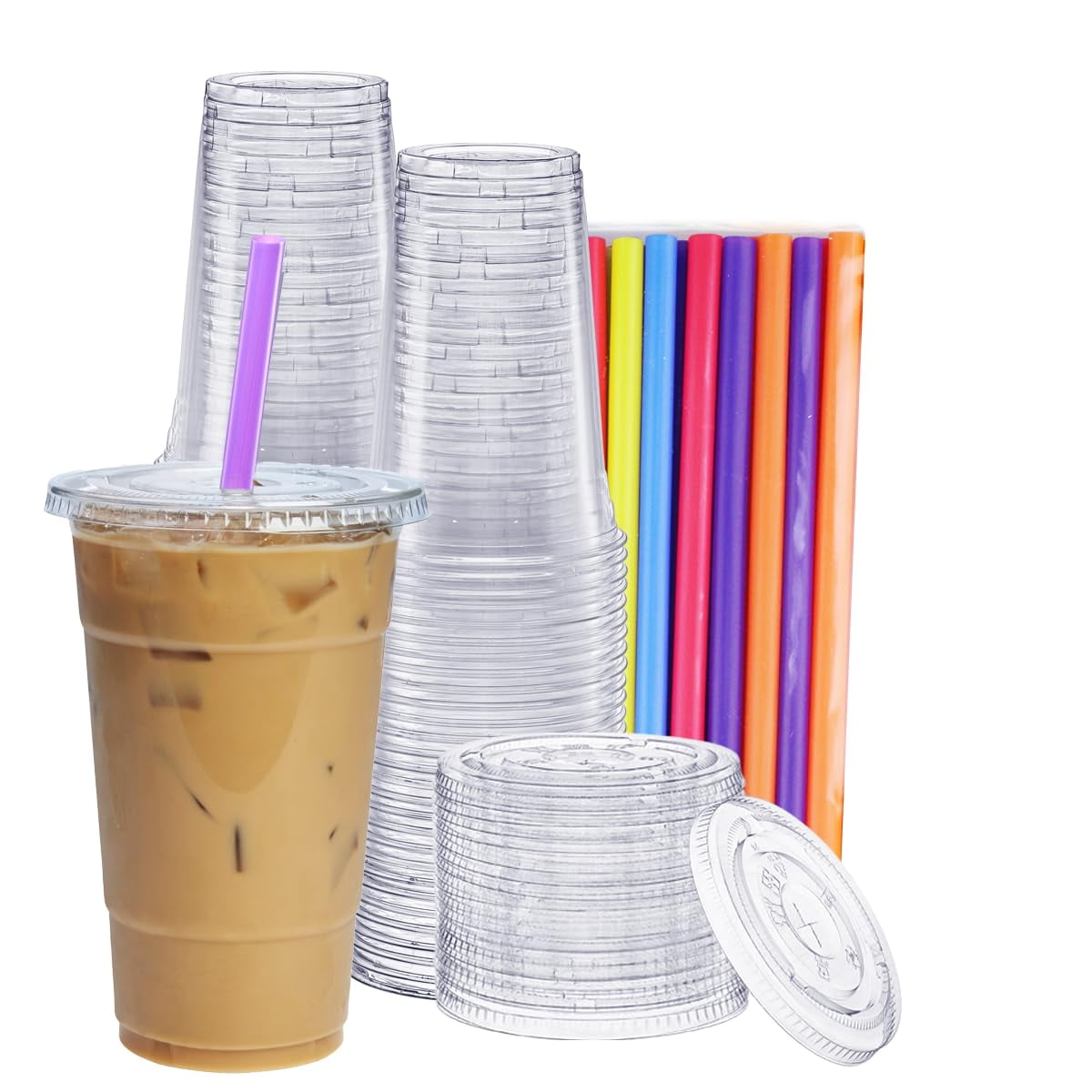 GUSTO [24 oz. - 100 Count Clear Cups with Flat Lids & Straws ...