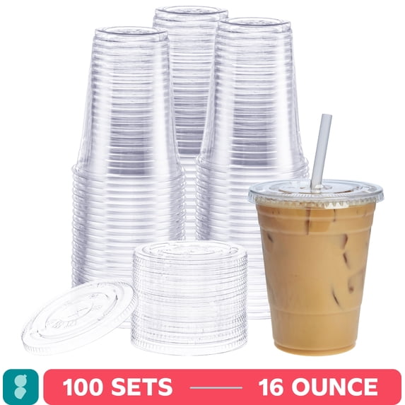 GUSTO Clear Plastic Cups, 16 Oz Disposable Cups with Airtight Lids, 100 ...