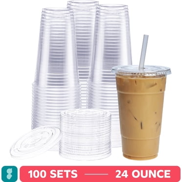 GUSTO 24 oz Clear Plastic Cups with Flat Lids & Straws, Disposable ...