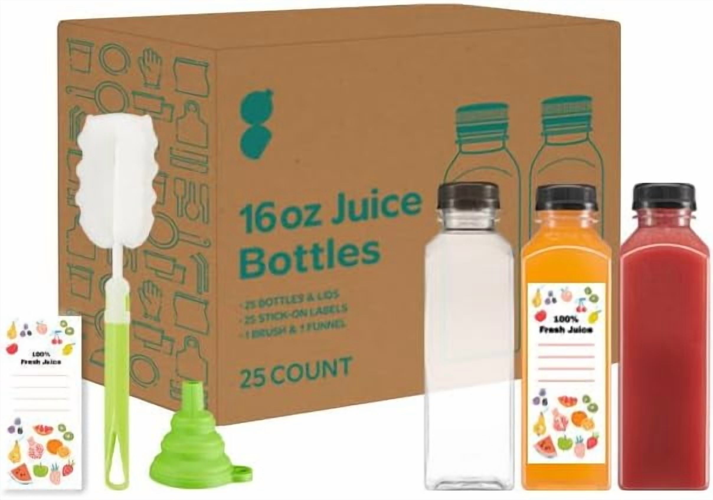 GUSTO Reusable Plastic Juice Bottles, 16 oz, BPA-Free, 25-Pack with ...